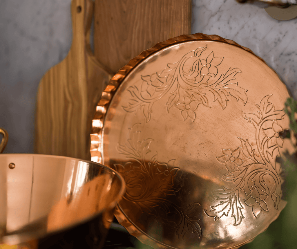 Round Copper Tray-Handcrafted Copper Serving Tray|Floral Pattern