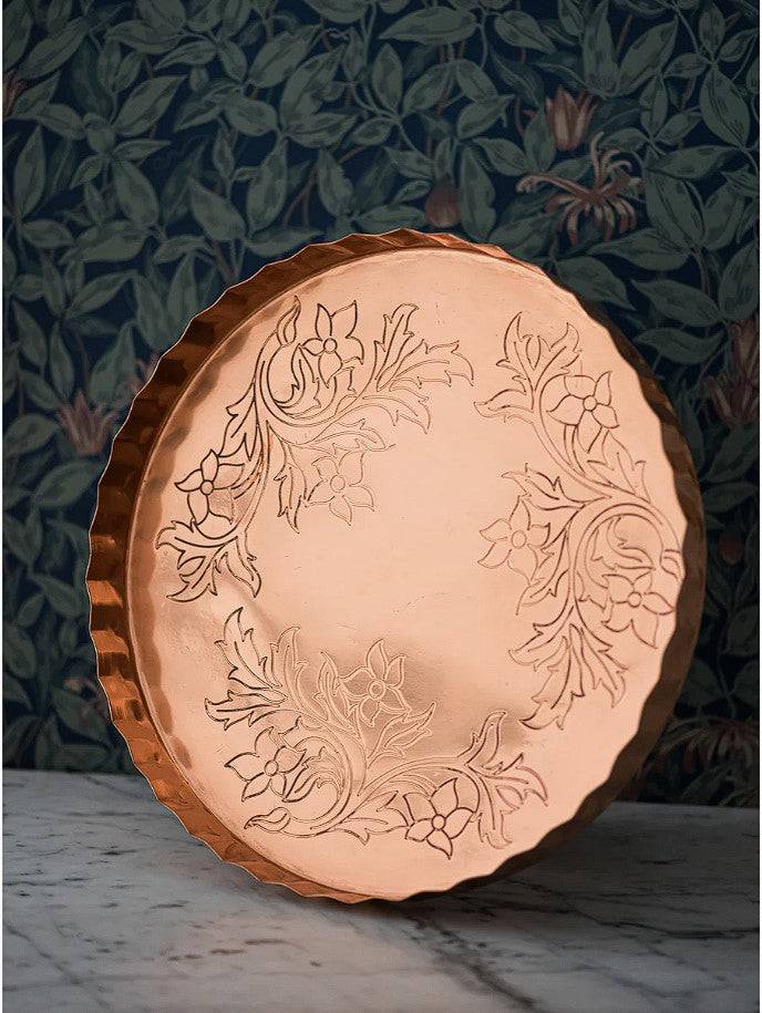 Round Copper Tray-Handcrafted Copper Serving Tray|Floral Pattern
