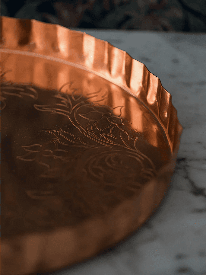 Round Copper Tray-Handcrafted Copper Serving Tray|Floral Pattern